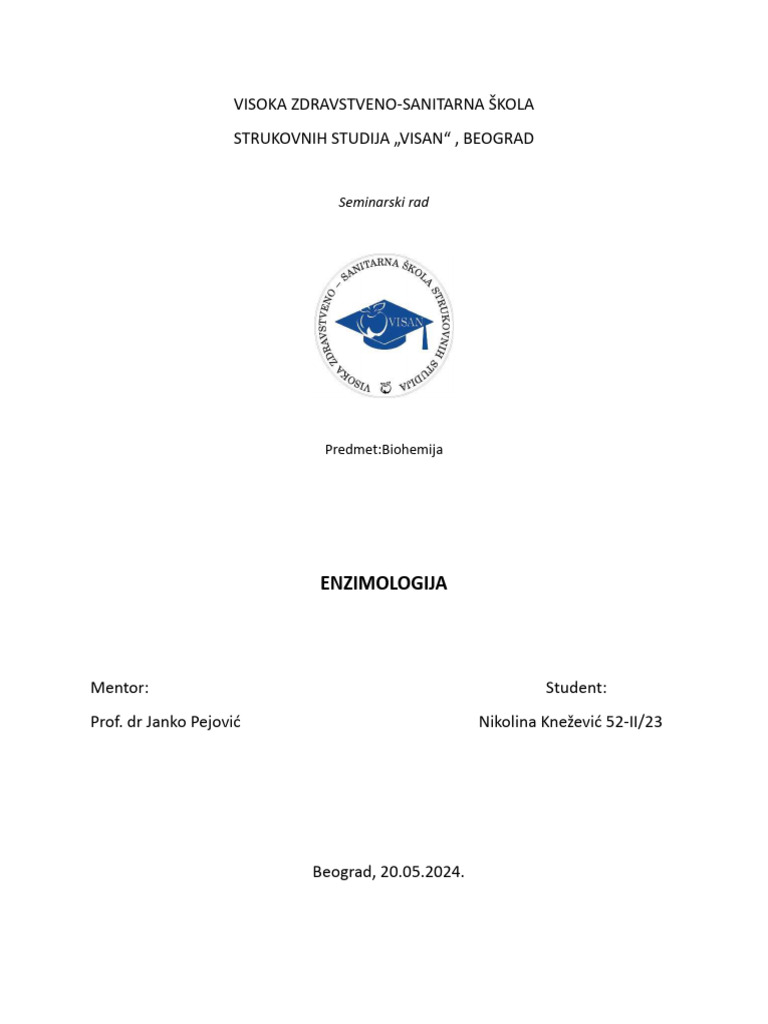 Seminarski Rad Enzimologija, Nikolina Knezevic VISAN | PDF