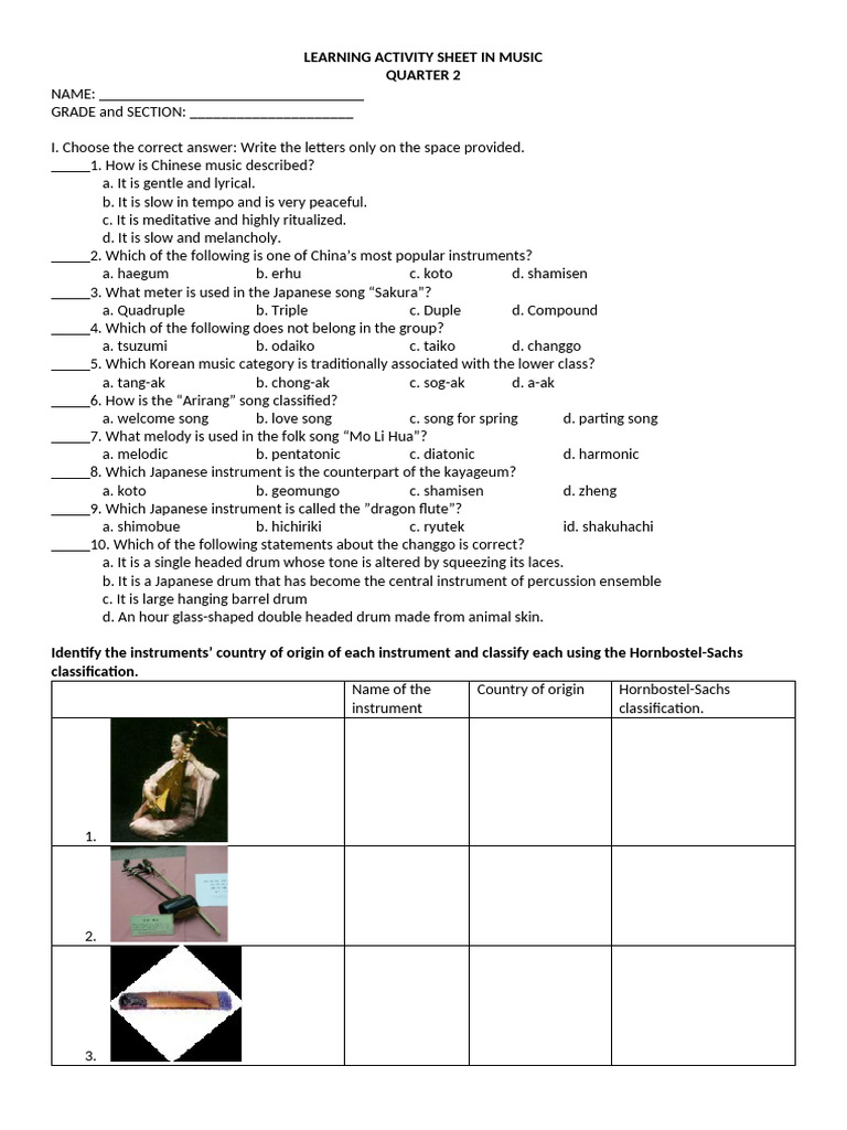 Music Quiz for Middle Schoolers | PDF | Musical Instruments ...