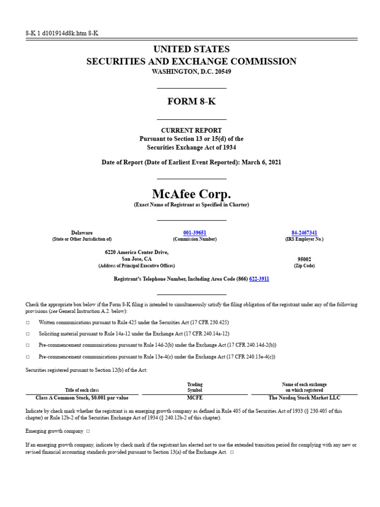 Mcafee Corp.: United States Securities and Exchange Commission | PDF ...