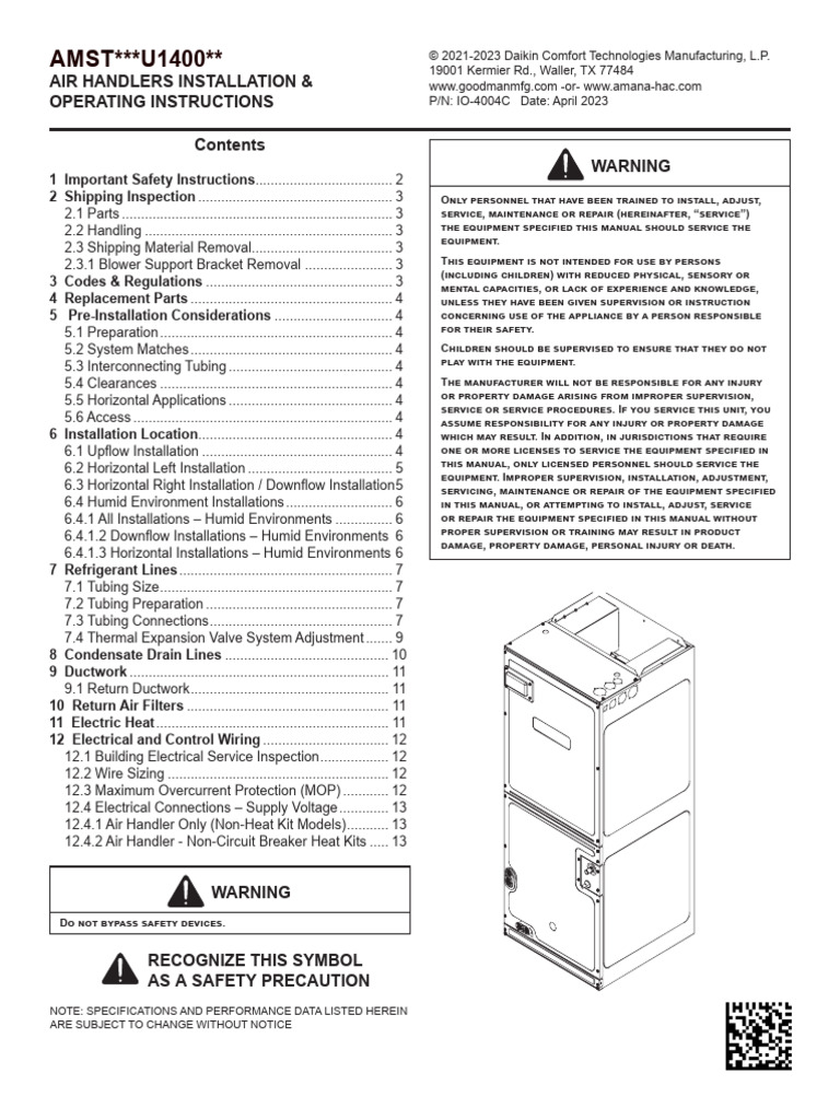 AMST U1400 Air Handler Manual | PDF | Home Appliance | Engineering ...