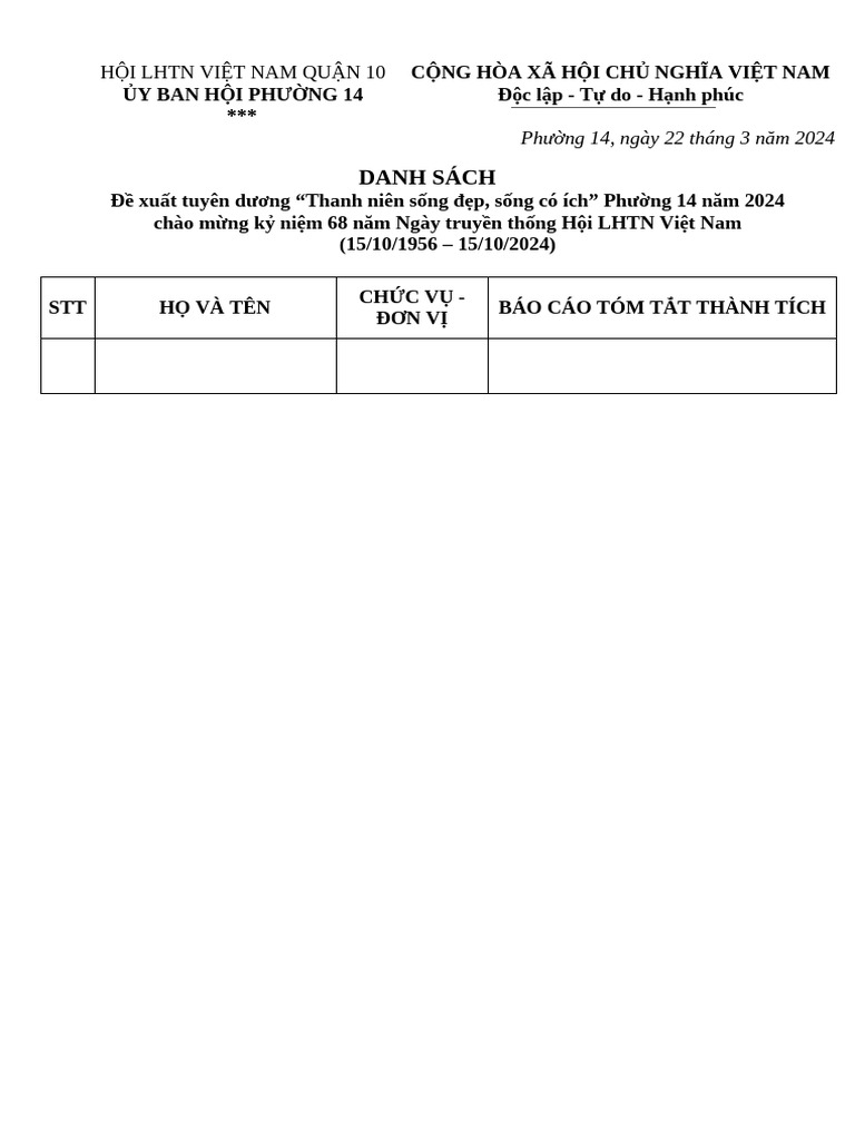 Mẫu BCTT Thanh Niên Sống Đẹp Sống Có Ích | PDF