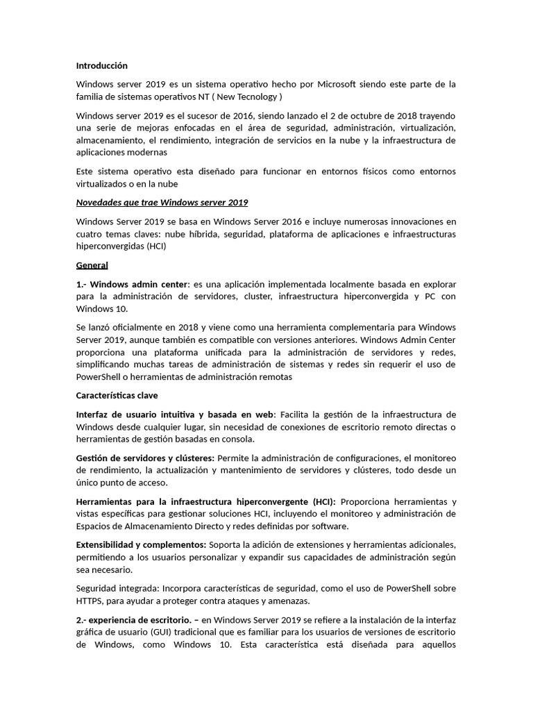 Introducción Windows Server 2019 | PDF | Microsoft Windows | Interfaces gráficas de usuario