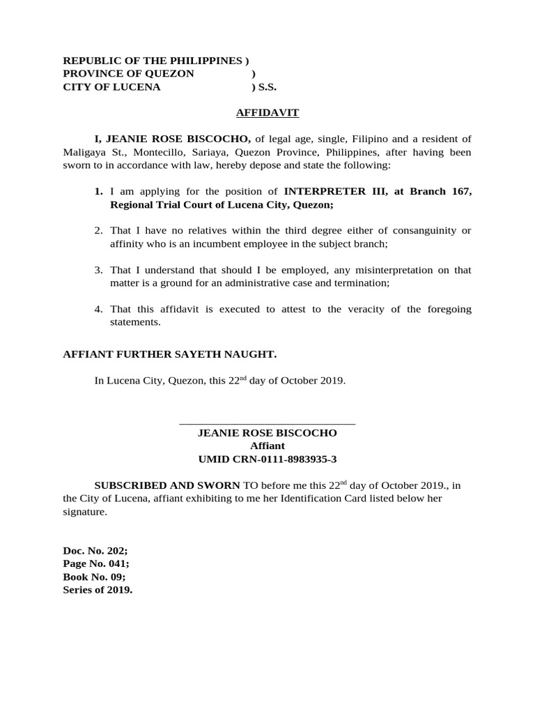 Affidavit of No Relatives in The Third Civil Degree and Appointment | PDF | Affidavit | Evidence