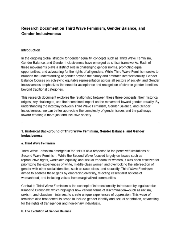 Research Document On Third Wave Feminism, Gender Balance, and Gender ...