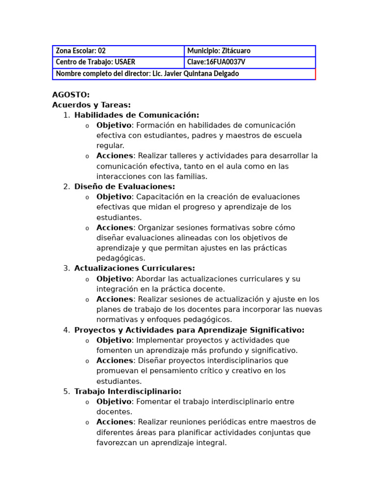 Acuerdo y Tareas de Agosto, Septiembre y Octubre. 2024 | PDF ...