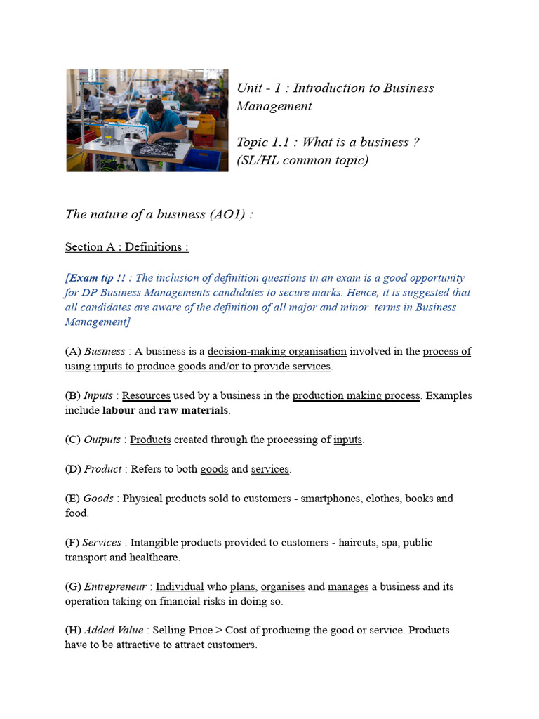 Business Management - Unit 1.1 - What Is A Business | PDF | Goods ...