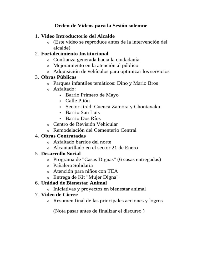 Orden de Videos para La Sesión Solemne | PDF