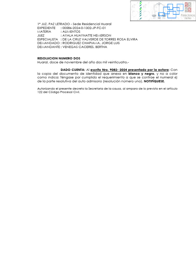 Exp. 00586-2024-0-1302-JP-FC-01 - Resolución - 17282-2024 | PDF