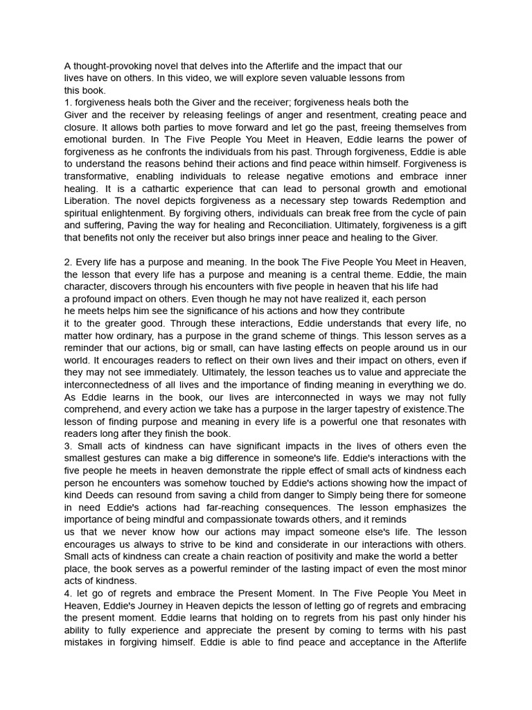 7 Lessons - The Five People You Meet in Heaven | PDF | Forgiveness | Heaven