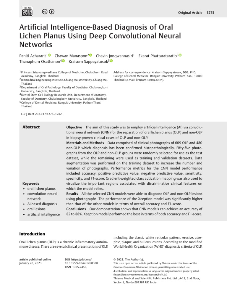 Artificial IntelligenceBased Diagnosis of Oral Lichen Planus Using Deep Convolutional Neural ...
