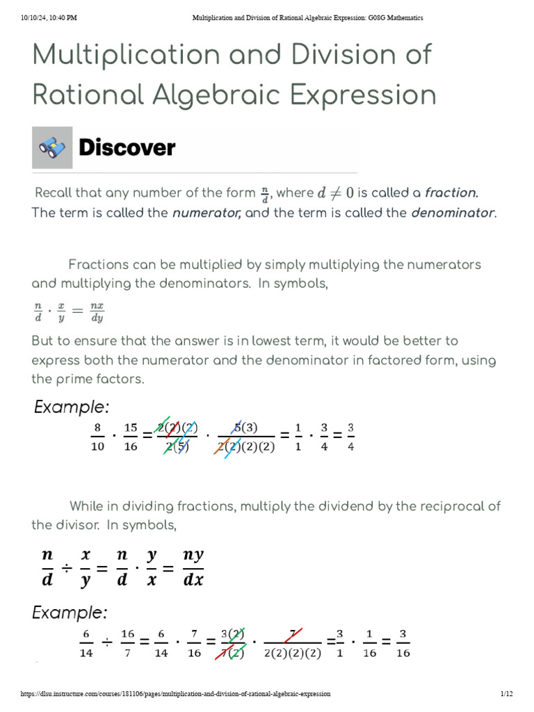 Multiplication and Division of Rational Algebraic Expression - G08G ...