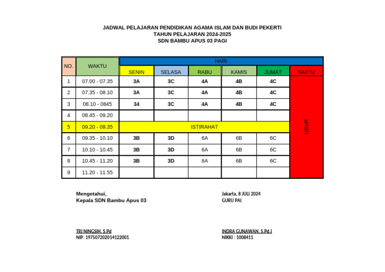 Jadwal Pelajaran Pai 2024 | PDF
