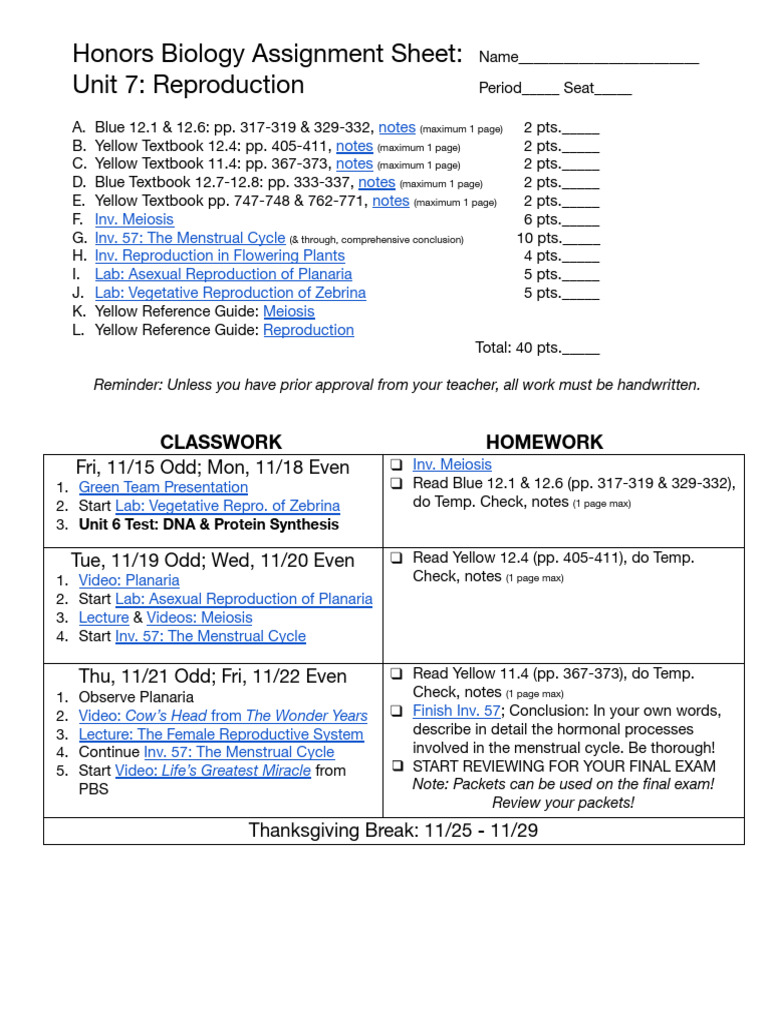 Assignment Sheet, Unit 7: Reproduction | PDF | Reproduction | Genetic ...