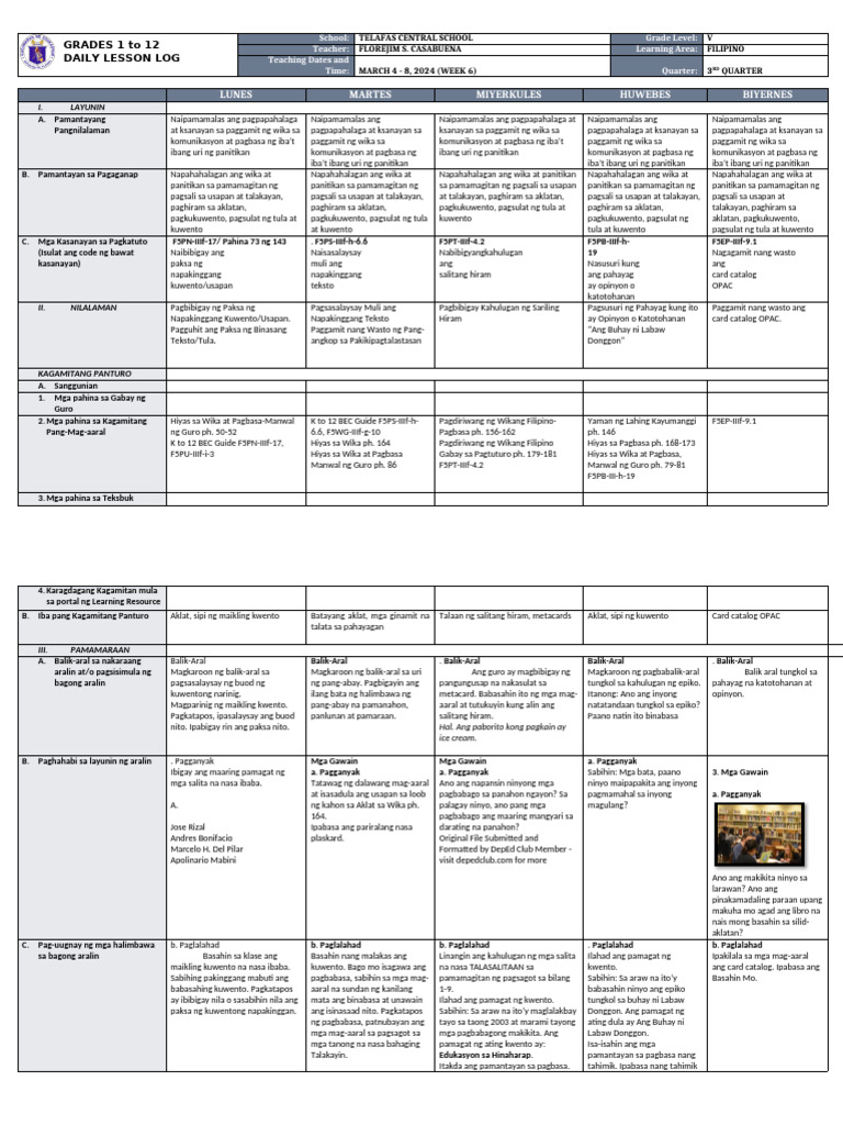 DLL Filipino 5 q3 w6 | PDF
