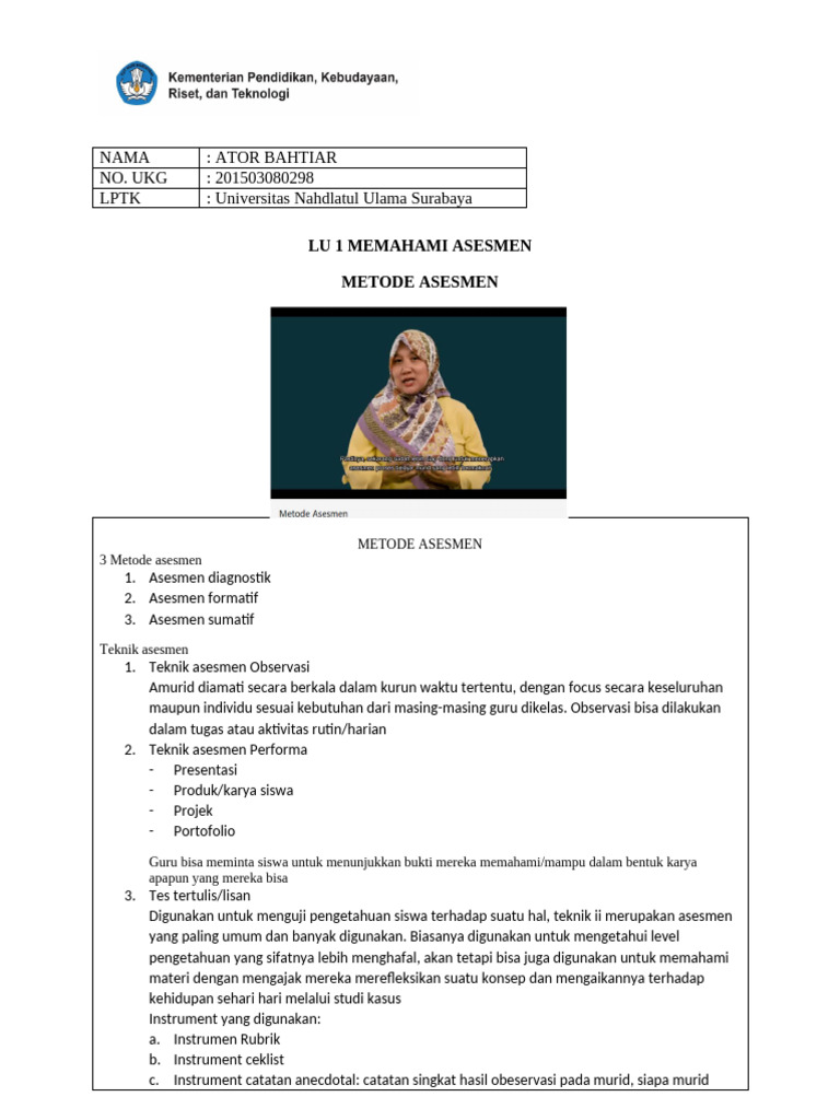 Lu 1 Memahami Asesmen Metode Asesmen | PDF
