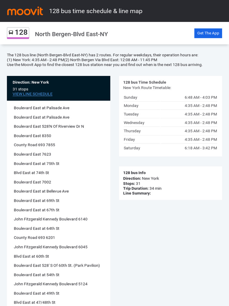 North Bergen-Blvd East-NY: 128 Bus Time Schedule & Line Map | PDF | Bus ...