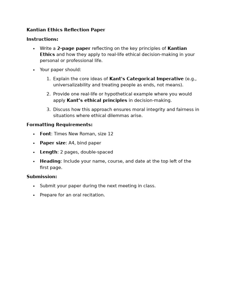 Kantian Ethics Reflection Paper | PDF