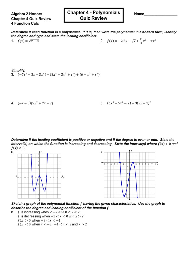 Chapter 4 - Polynomials Quiz Review | PDF | Polynomial | Mathematical ...