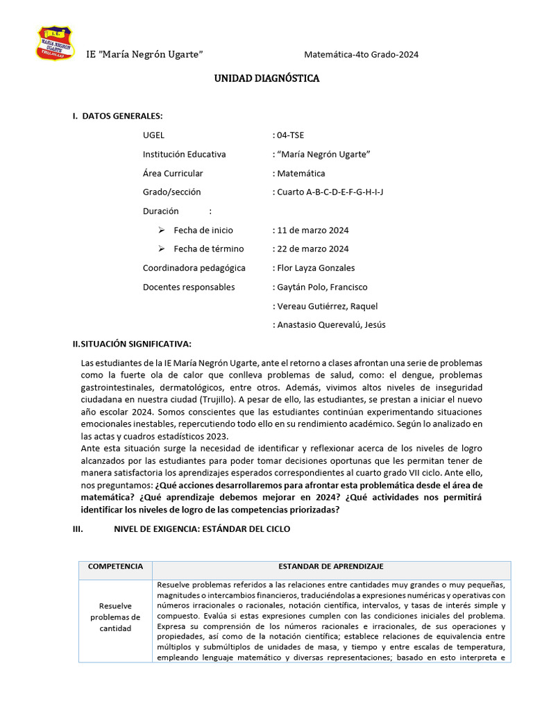 Diagnóstico Matemático 4to Grado 2024 | PDF | Ecuaciones | Geometría