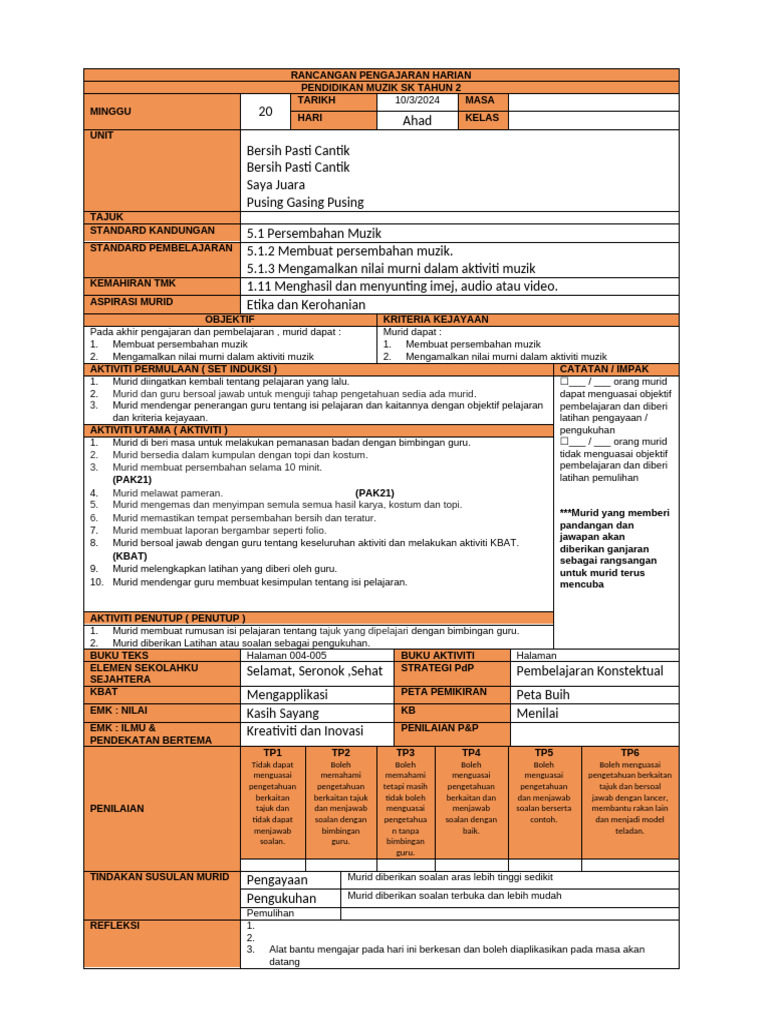 M20 RPH Pendidikan Muzik THN 2 2024-2025 by Cikgu Gorgeous | PDF