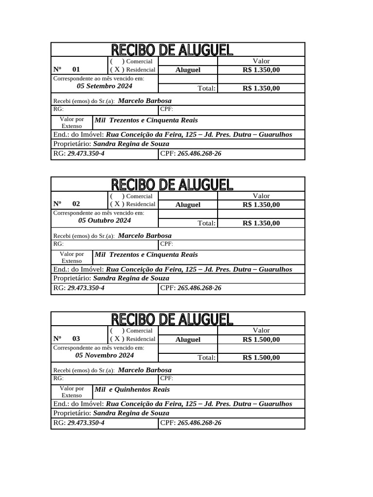 Recibo de Alugeul - Sndra Regina de Souza 2 | PDF