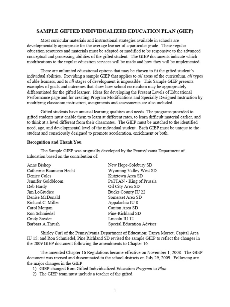 Sample Gifted Education Plan (GIEP) | PDF | Educational Assessment | Gifted Education