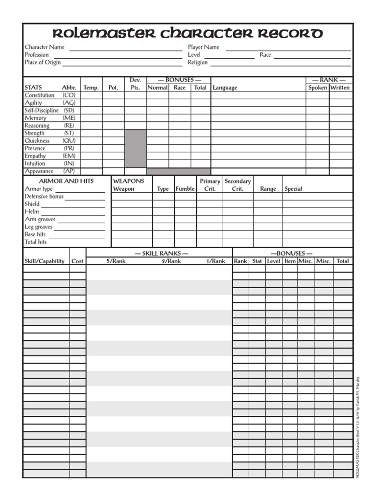 Rolemaster - Character Sheet, RM2, RMC | PDF | Hobbies | Entertainment