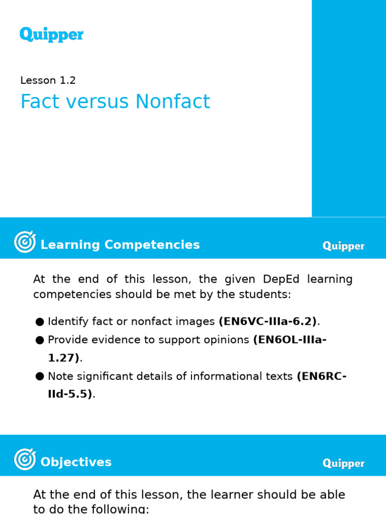ME Eng 6 Q1 0102 - PS - Fact Versus Nonfact | PDF | Essays | Learning