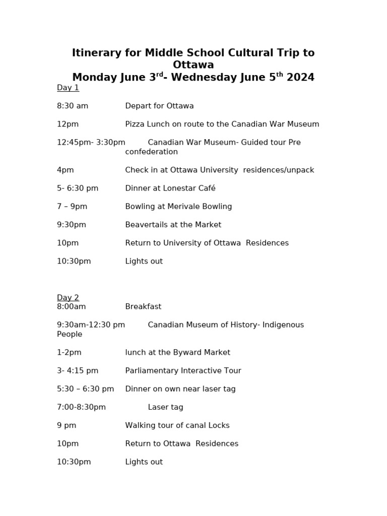 Ottawa MS Trip 2024 Itinerary 3 | PDF | Travel | Art
