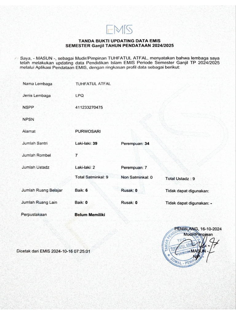 Bap Emis TPQ Tukhfatul Athfal 2024 | PDF