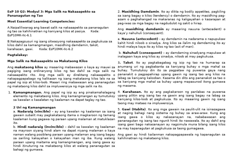 EsP 10 Q2 Modyul 3 Outline | PDF
