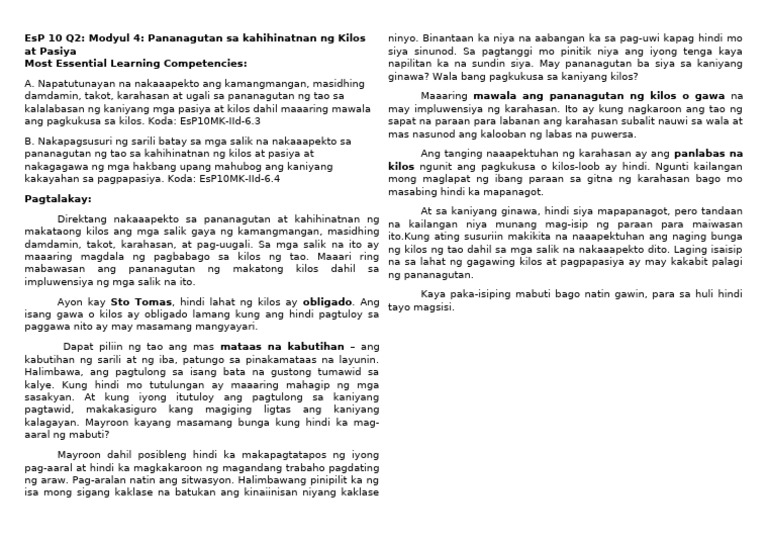 EsP 10 Q2 Modyul 4 Outline | PDF