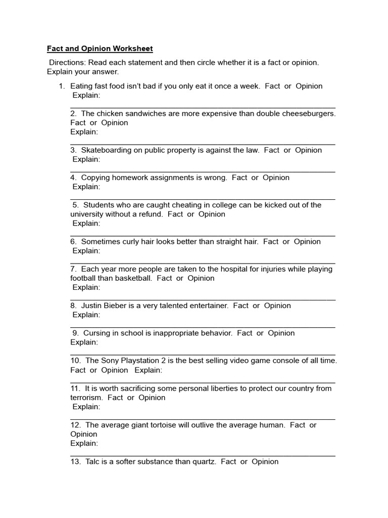 Fact vs. Opinion Worksheet | PDF