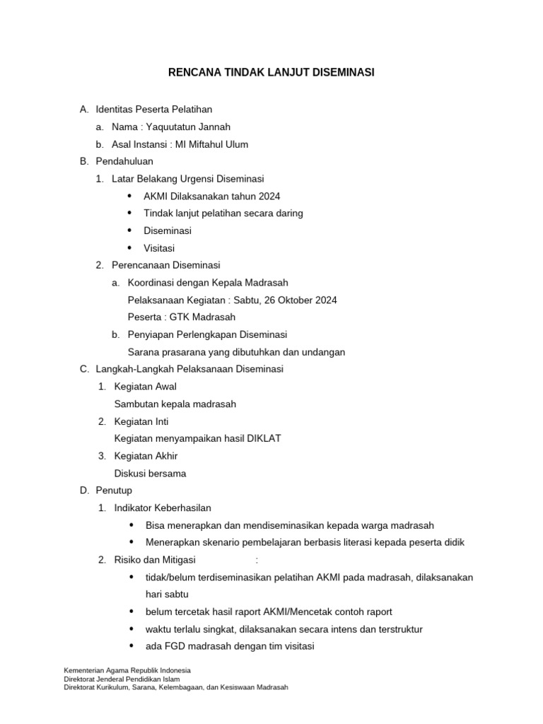 Rencana Diseminasi Pelatihan AKMI 2024 | PDF