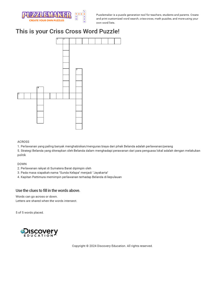 Criss Cross Puzzle - Discovery Education Puzzlemaker | PDF | Seni ...