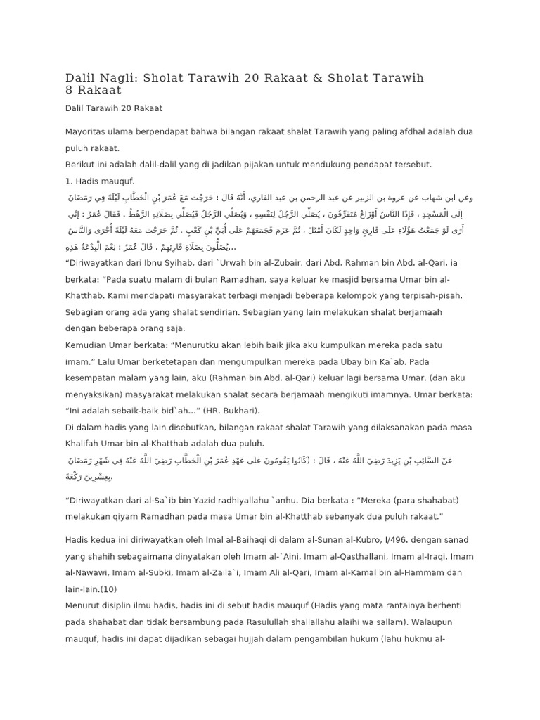 Dalil Sholat Tarawih: 20 vs 8 Rakaat | PDF