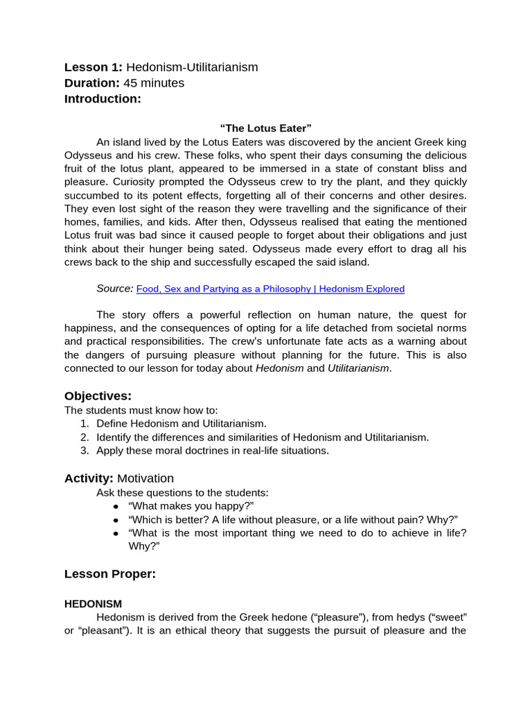 g1 Hedonism Utilitarianism Module | PDF | Pleasure | Utilitarianism