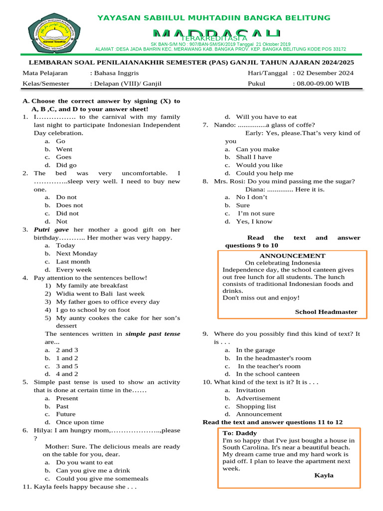 Soal Pas B.ing Kelas 8 | PDF