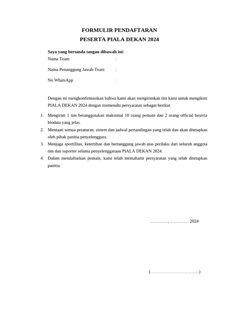 Formulir Pendaftaran Peserta Futsal Piala Dekan 2023 | PDF