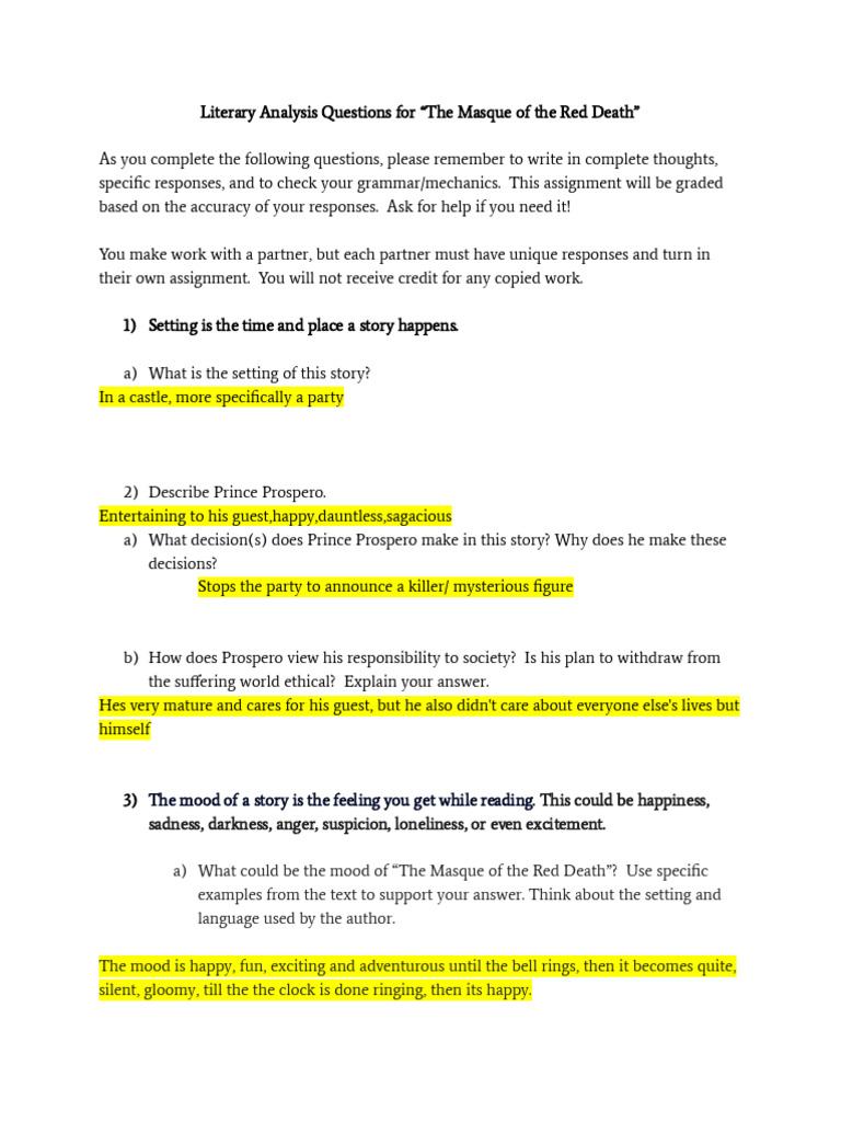 Deegan Handy - Literary Analysis Questions For Masque of The Red Death ...