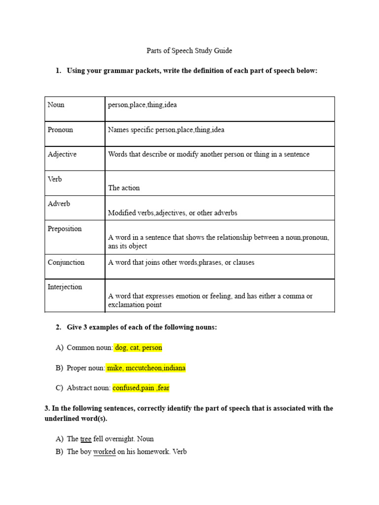 Part of Speech Study Guide | PDF