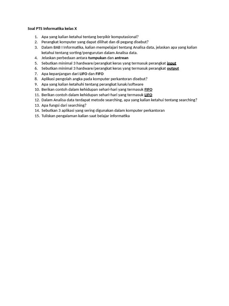 Soal Informatika PTS Kelas X Dan XII | PDF