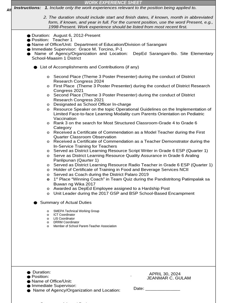 CS Form No. 212 Attachment - Work Experience Sheet-GULAM | PDF ...