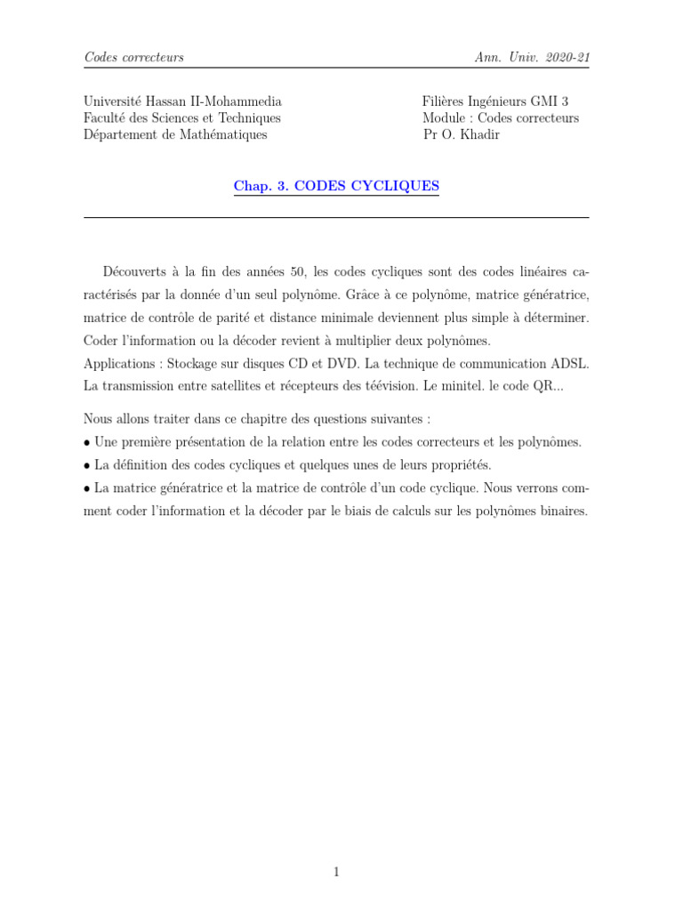 Propriétés des codes cycliques | PDF | Polynôme | Détection et ...
