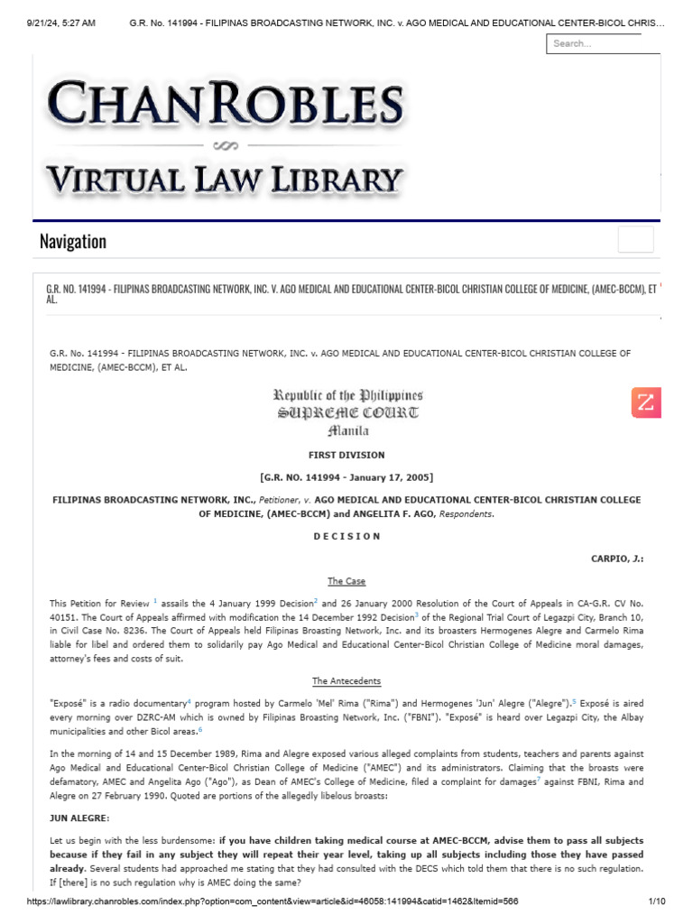 Christian College of Medicine, (AMEC-BCCM), G.R. No. | PDF | Defamation ...