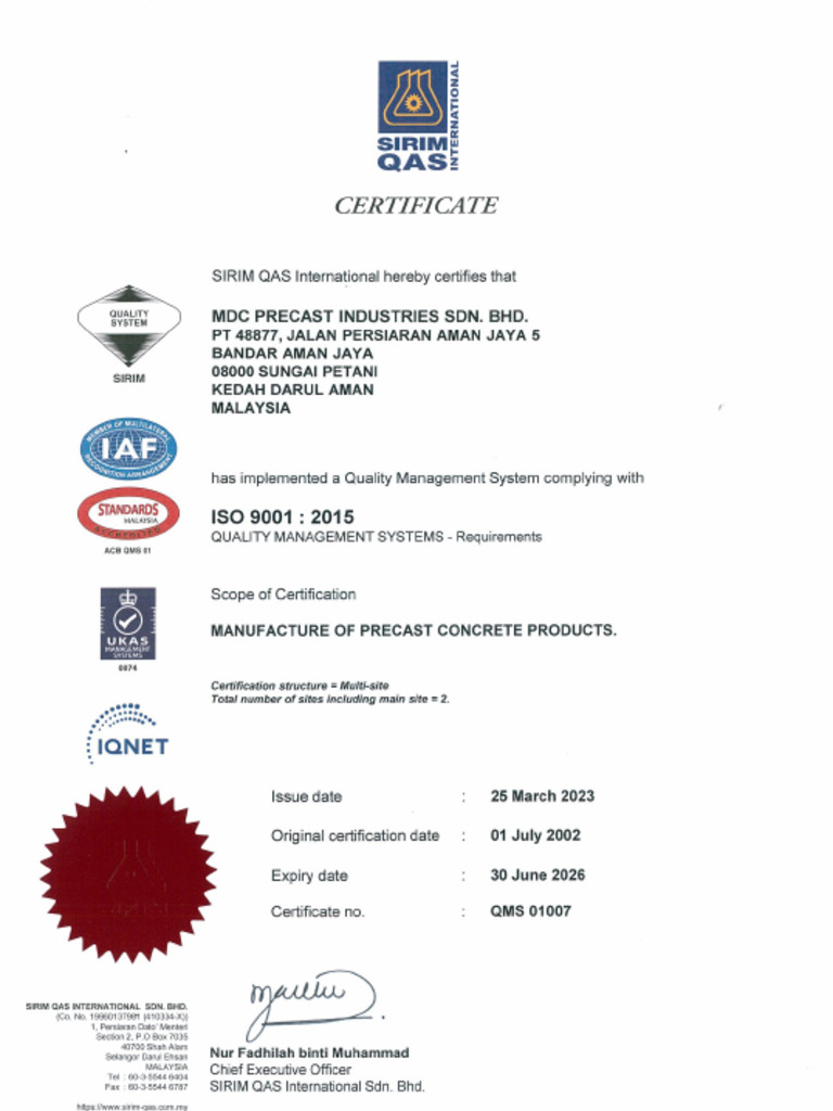 Sirim QMS Iso 9001 30.06.2026 MDC Api | PDF