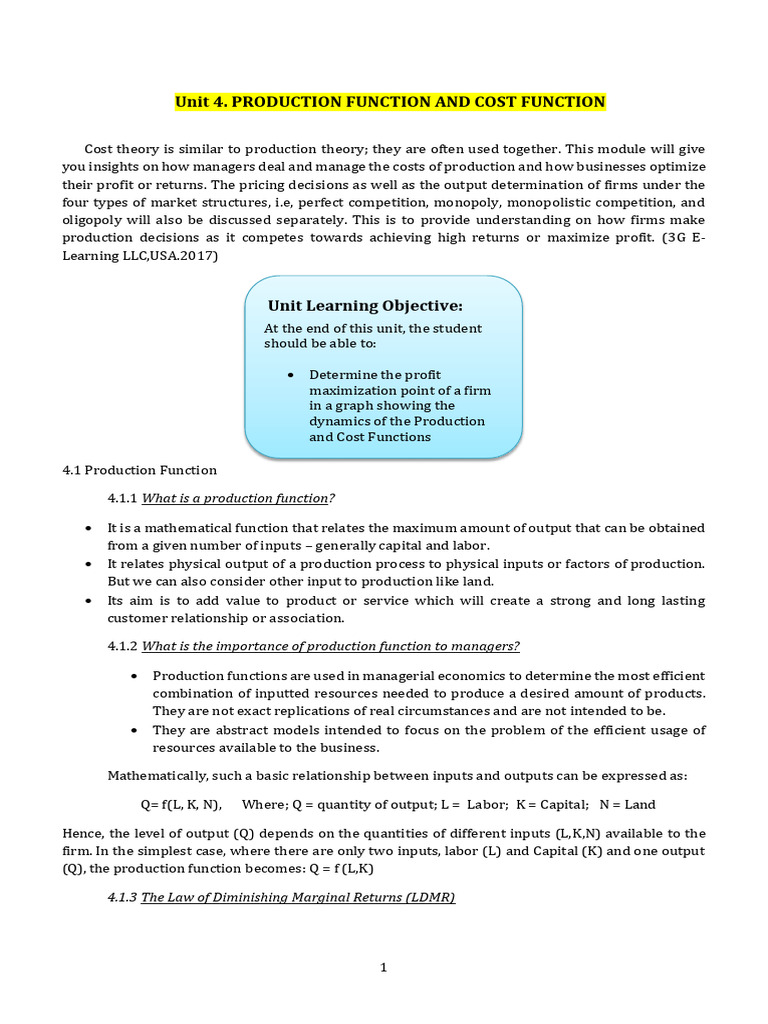 Production and Cost Function | PDF | Production Function | Marginal Cost
