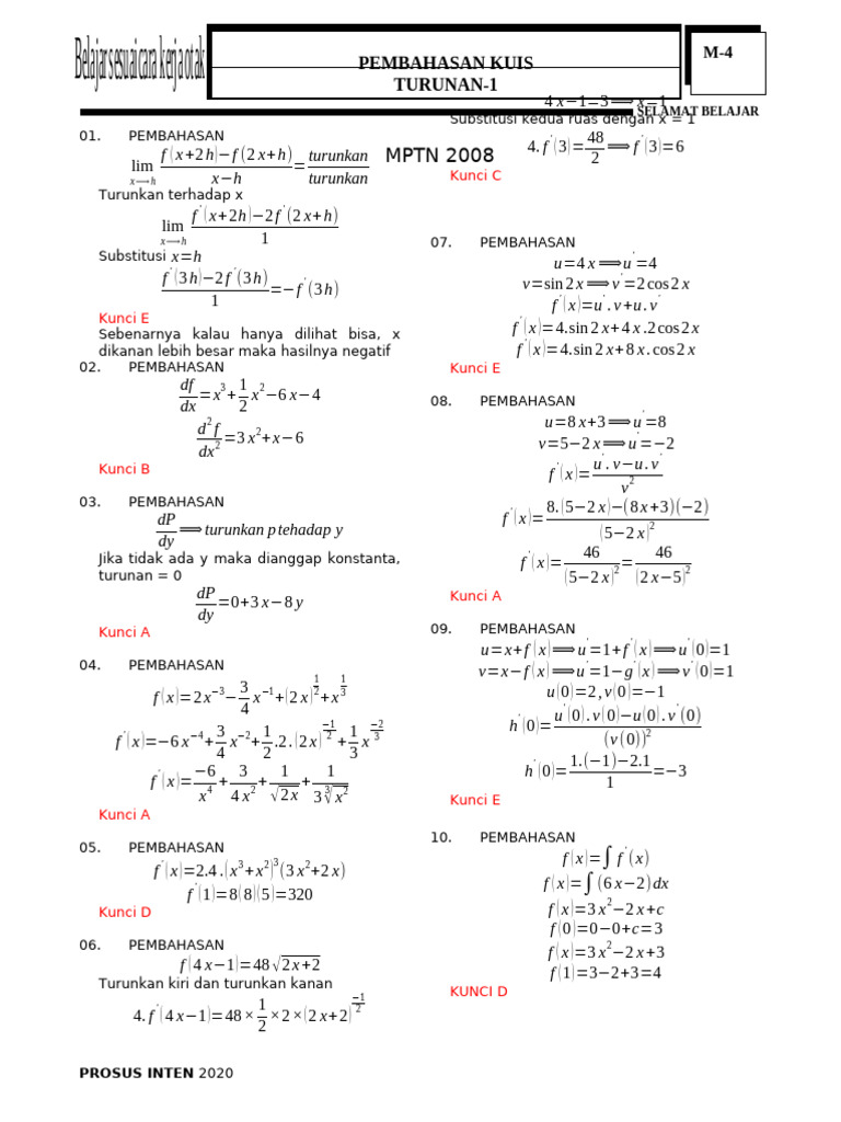 PEMBAHASAN Kuis TURUNAN-1 IPS-2020 | PDF