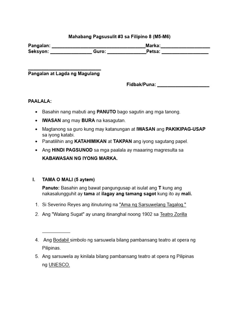 Mahabang Pagsusulit (M5 - M6) | PDF