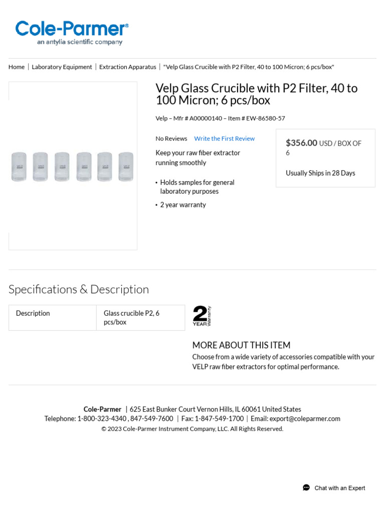 Velp Glass Crucible With P2 Filter, 40 To 100 Micron 6 Pcs - Box From ...